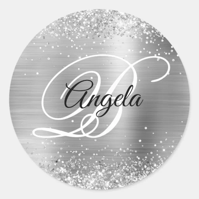 Faux Sparkly Silver Glitter Brushed Metal Monogram Classic Round ...
