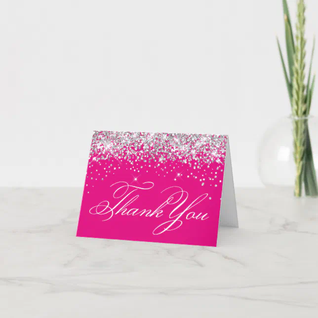 Faux Sparkly Silver Glitter Hot Pink Thank You Card | Zazzle