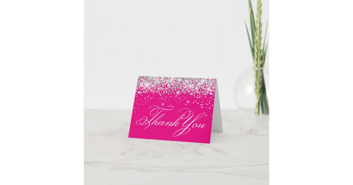Faux Sparkly Silver Glitter Hot Pink Thank You Card | Zazzle