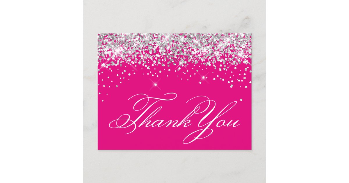 Faux Sparkly Silver Glitter Hot Pink Thank You Postcard | Zazzle