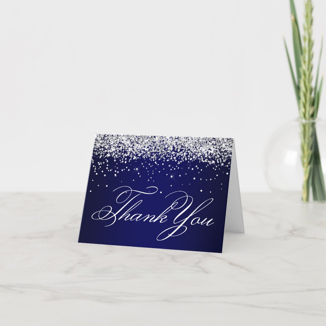 Faux Sparkly Silver Glitter Navy Blue Thank You Card | Zazzle