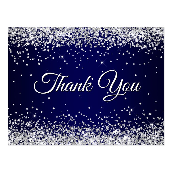 Faux Sparkly Silver Glitter Navy Blue Thank You Postcard | Zazzle.com