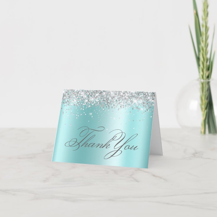 Faux Sparkly Silver Glitter Pale Turquoise Foil Thank You Card | Zazzle