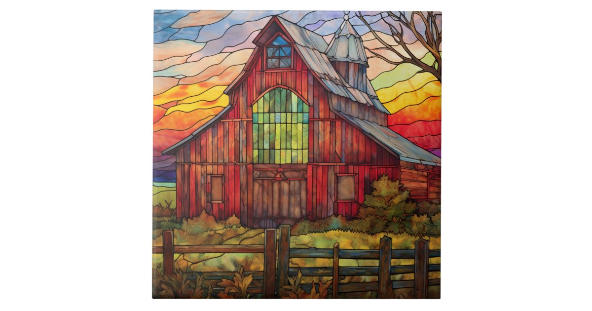 faux stained glass barn ceramic tile | Zazzle