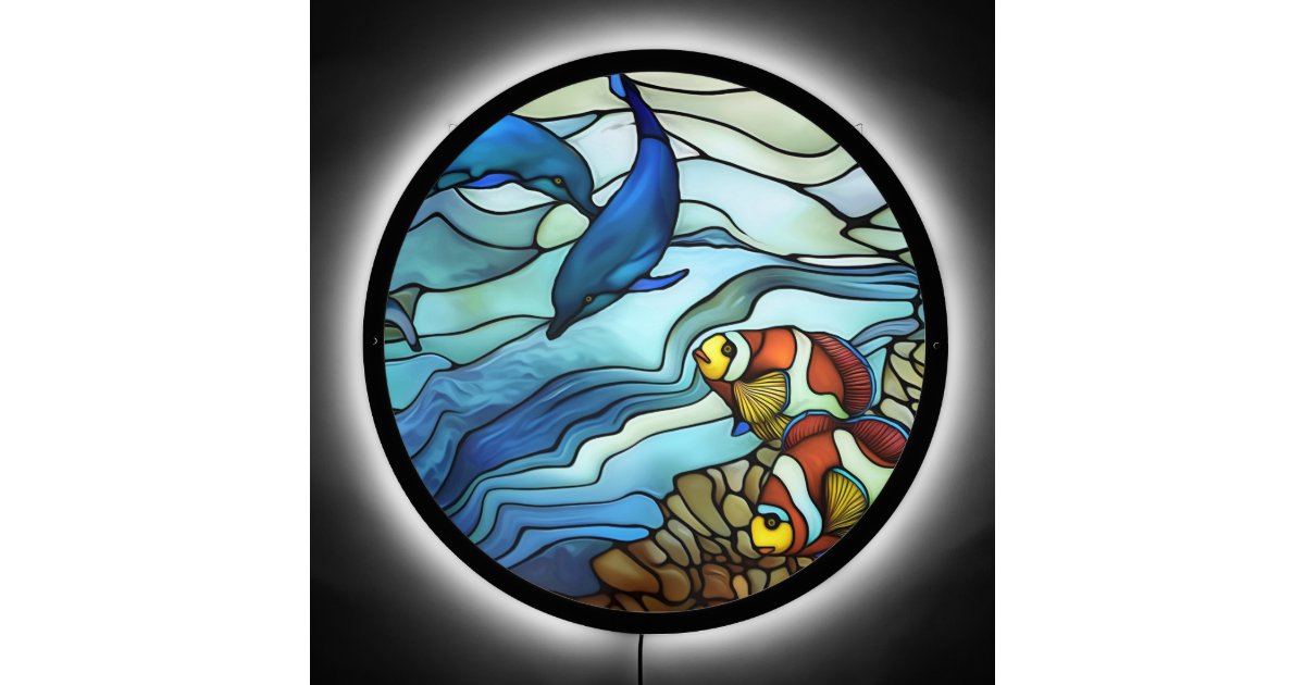 Faux Stained Glass Clown Fish and Dolphins LED Sign | Zazzle