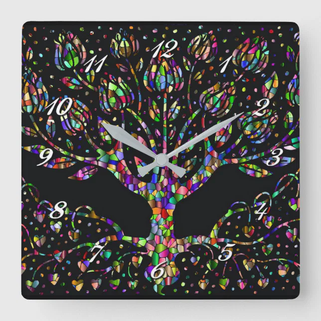 Faux Stained Glass Tree Of Prosperity Square Clock | Zazzle