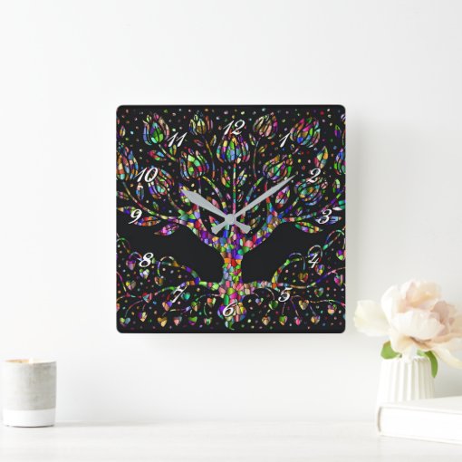Faux Stained Glass Tree Of Prosperity Square Clock | Zazzle