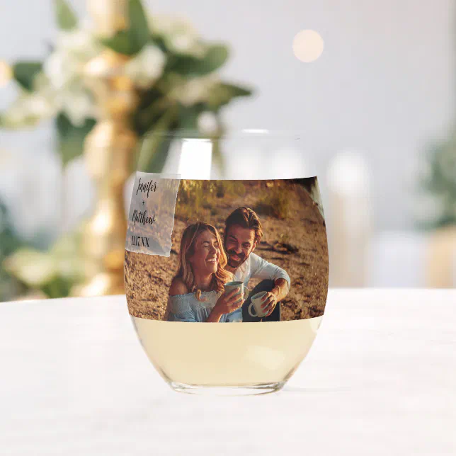 Faux Vellum Photo Overlay Custom Wedding Stemless Wine Glass | Zazzle