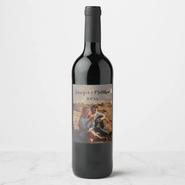 Faux Vellum Photo Overlay Custom Wedding Wine Label | Zazzle