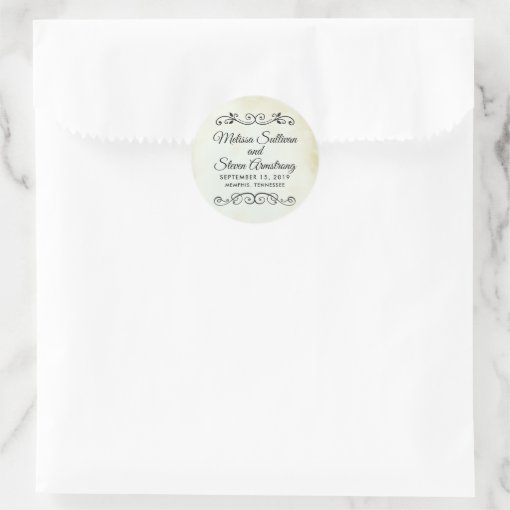 Faux Vintage Parchment Western Style Wedding STD Classic Round Sticker ...