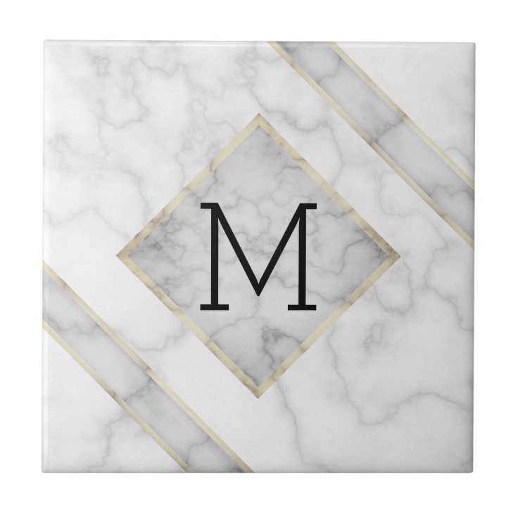 Faux White Marble & Beige Alabaster With Monogram Tile | Zazzle