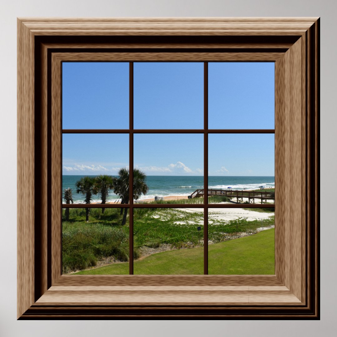 Faux Window Ocean View Palm Trees Beach Tropics Poster | Zazzle