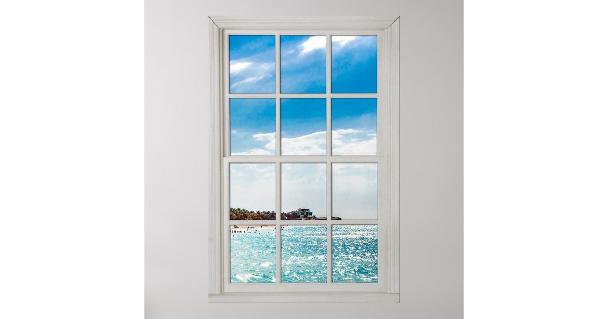 Faux Window White Wood Window Frame Caribbean View Poster | Zazzle