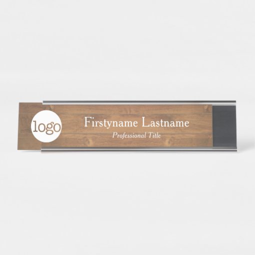 Faux Wood Background Logo Name Professional Title Desk Name Plate | Zazzle