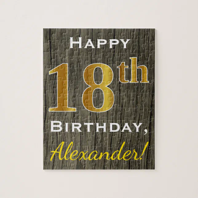 Faux Wood, Faux Gold 18th Birthday + Custom Name Jigsaw Puzzle | Zazzle