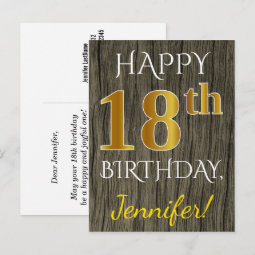 Faux Wood, Faux Gold 18th Birthday + Custom Name Postcard | Zazzle
