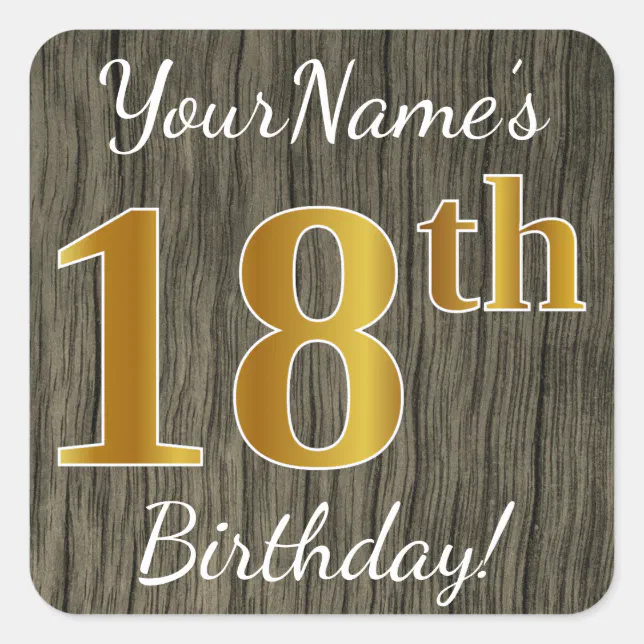 Faux Wood, Faux Gold 18th Birthday + Custom Name Square Sticker | Zazzle