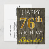 Faux Wood, Faux Gold 76th Birthday + Custom Name Postcard | Zazzle