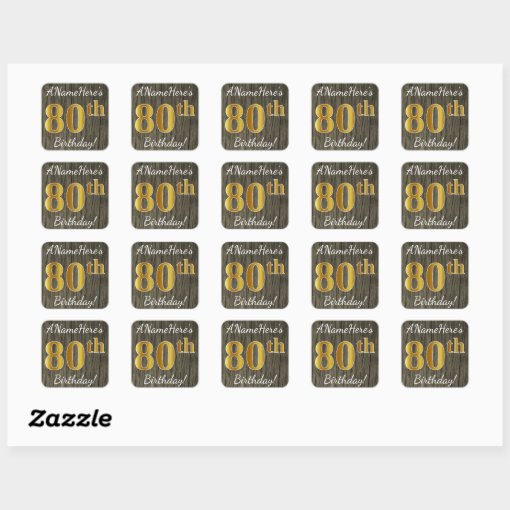 Faux Wood, Faux Gold 80th Birthday + Custom Name Square Sticker | Zazzle