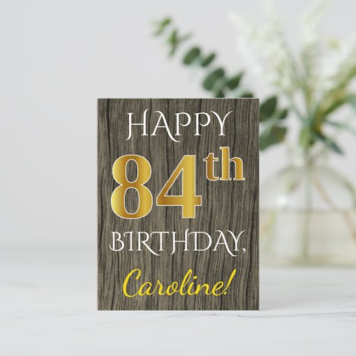 Faux Wood, Faux Gold 84th Birthday + Custom Name Postcard | Zazzle