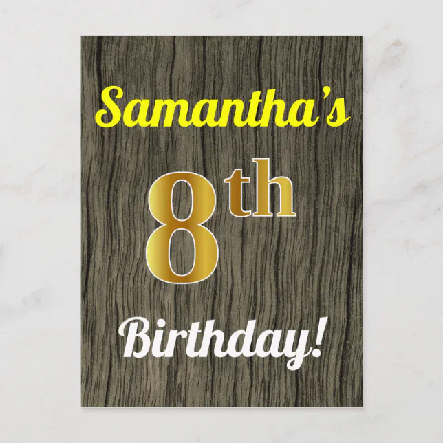 Faux Wood, Faux Gold 8th Birthday & Custom Name Postcard | Zazzle