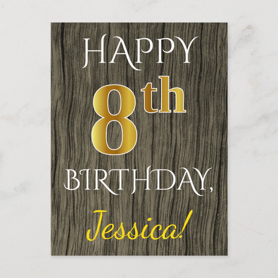 Faux Wood, Faux Gold 8th Birthday + Custom Name Postcard | Zazzle