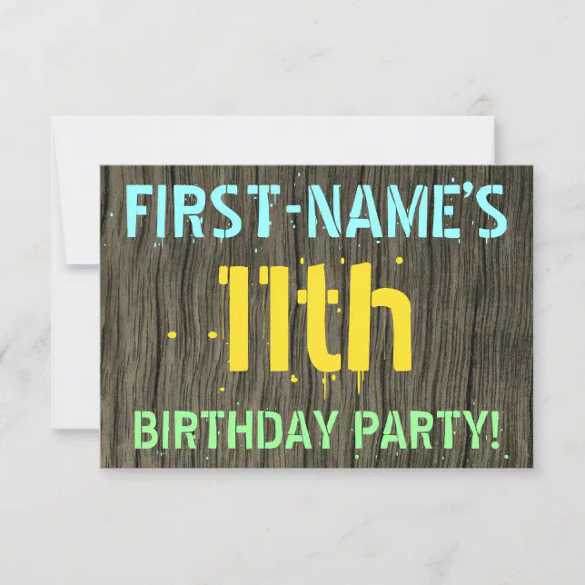 Faux Wood, Painted Text Look, 11th Birthday + Name Invitation | Zazzle