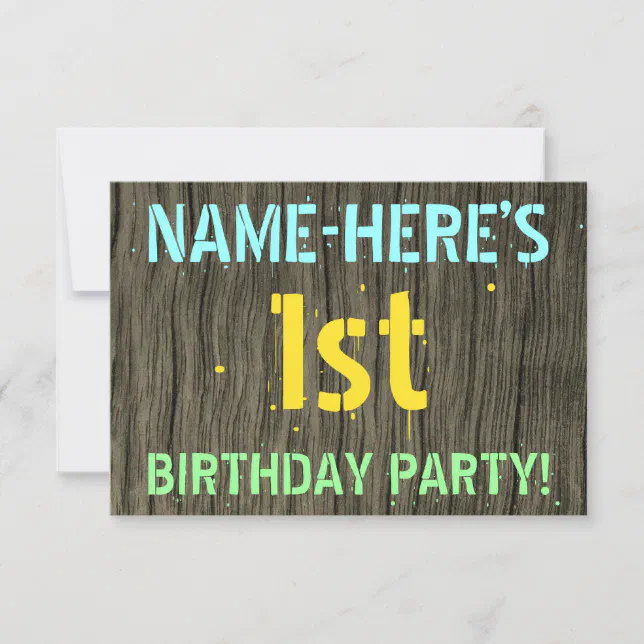 Faux Wood, Painted Text Look, 1st Birthday + Name Invitation | Zazzle