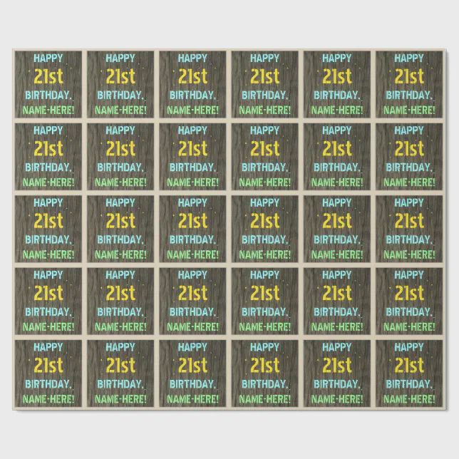 Faux Wood, Painted Text Look, 21st Birthday + Name Wrapping Paper | Zazzle