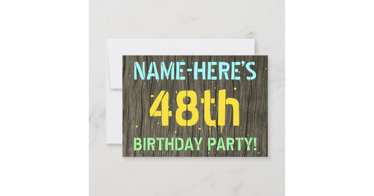 Faux Wood, Painted Text Look, 48th Birthday + Name Invitation | Zazzle