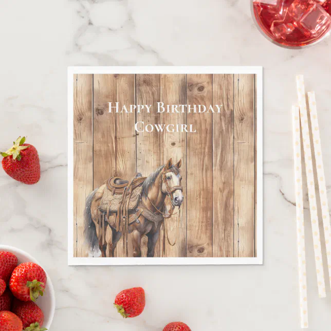 Faux Wood Western Cowboy Cowgirl Horse Birthday Napkins | Zazzle