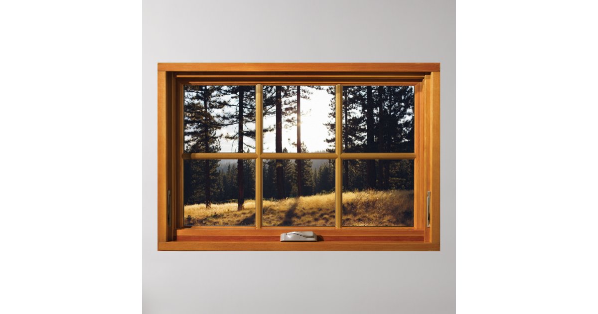Faux Wooden Window Illusion - Autumn Pine Trees Poster | Zazzle