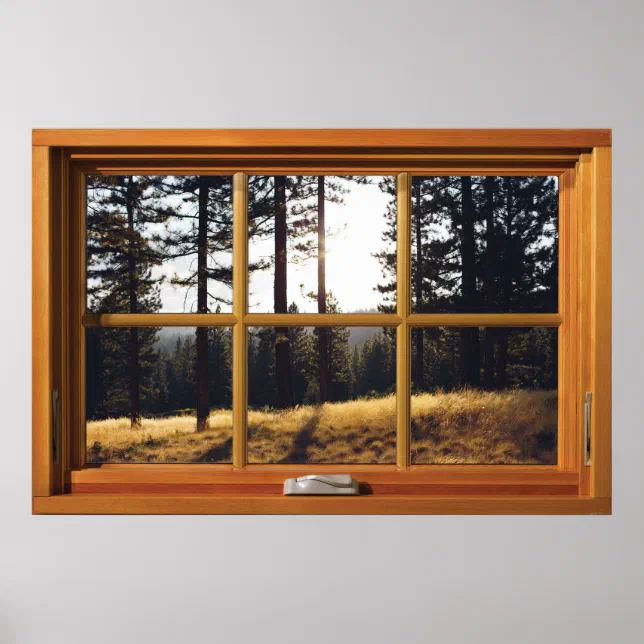 Faux Wooden Window Illusion - Autumn Pine Trees Poster | Zazzle
