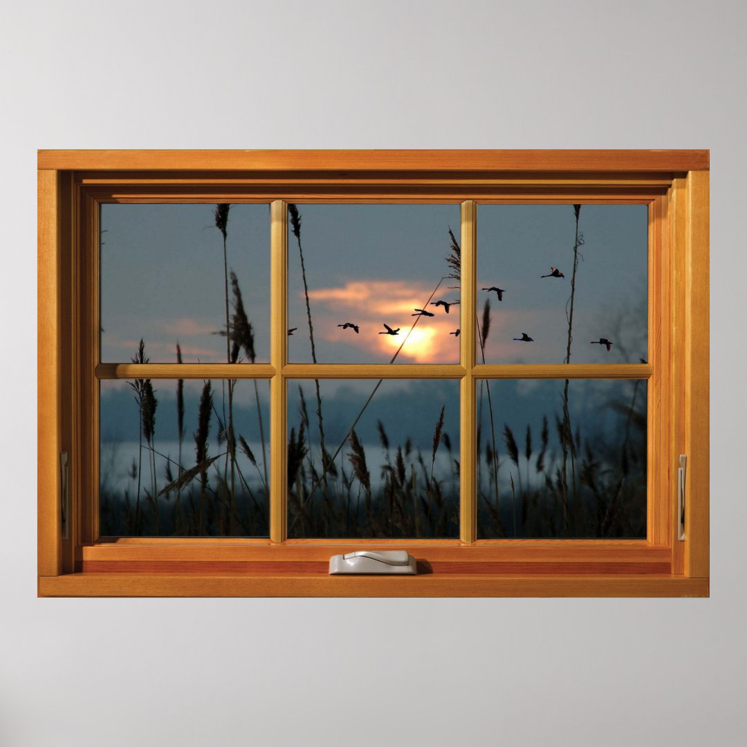 Faux Wooden Window Illusion - Flock of Birds Poster | Zazzle