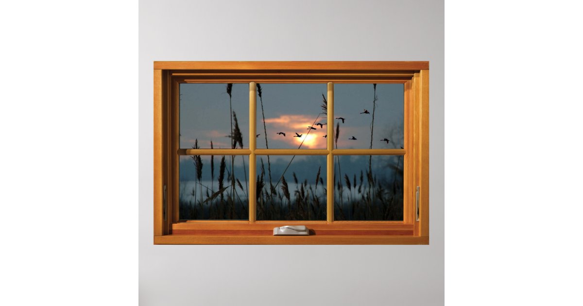 Faux Wooden Window Illusion - Flock of Birds Poster | Zazzle