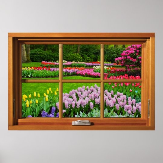 Faux Wooden Window Illusion - Spring Garden Poster | Zazzle.com