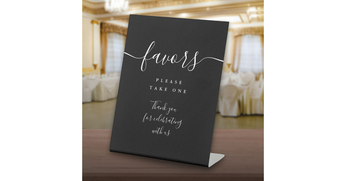 Favors Black And White Modern Script Table Pedestal Sign | Zazzle