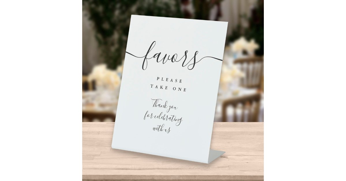 Favors Black And White Modern Script Table Pedestal Sign | Zazzle