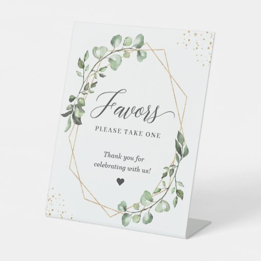 Favors Please Take One Eucalyptus Gold Geometric Pedestal Sign | Zazzle