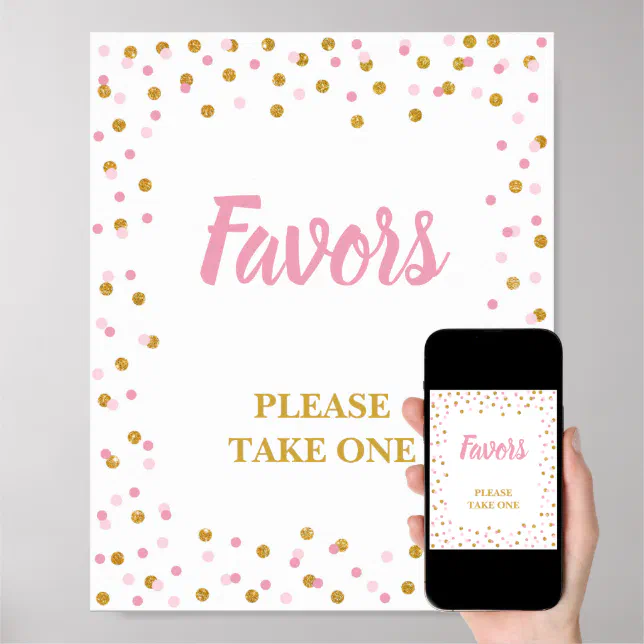 Favors Please Take One Party Sign Pink & Gold | Zazzle