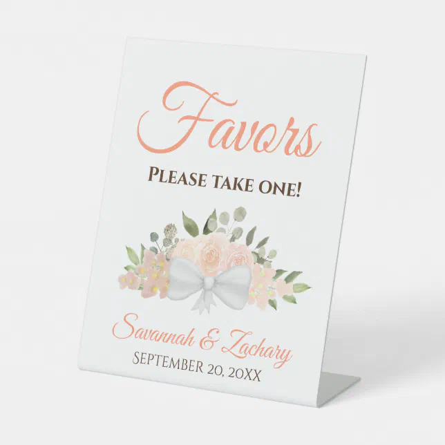 Favors Take One Coral Peach Roses Wedding Pedestal Sign | Zazzle