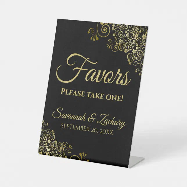 Favors Take One Elegant Black & Gold Wedding Pedestal Sign | Zazzle