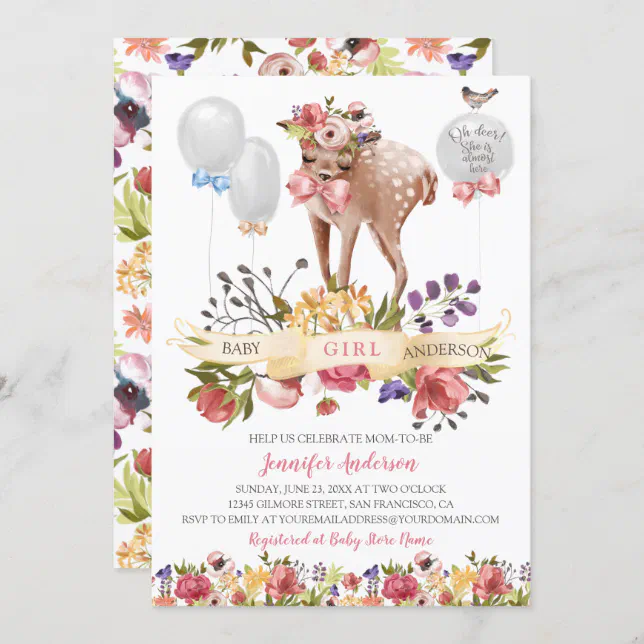 Fawn Flowers Balloons Baby Girl Shower Invitation | Zazzle