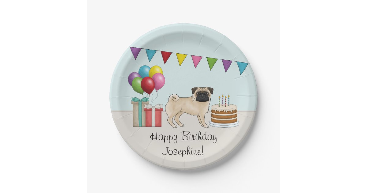 Fawn Pug Cute Cartoon Dog Colorful Birthday Paper Plates | Zazzle