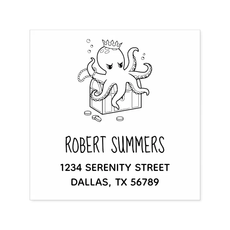 Fearsome Octopus Guarding Treasure Chest Address Self-inking Stamp | Zazzle