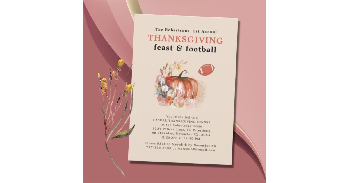 Feast and Football Thanksgiving Dinner Light Peach Invitation | Zazzle