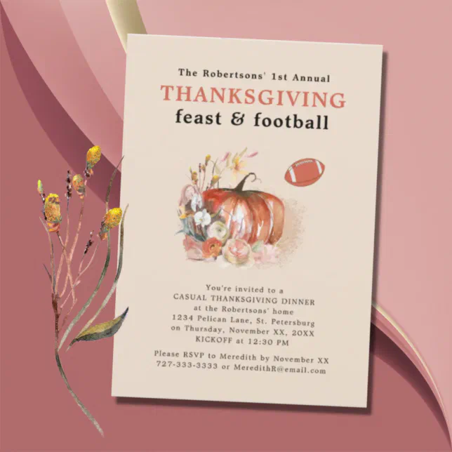 Feast and Football Thanksgiving Dinner Light Peach Invitation | Zazzle