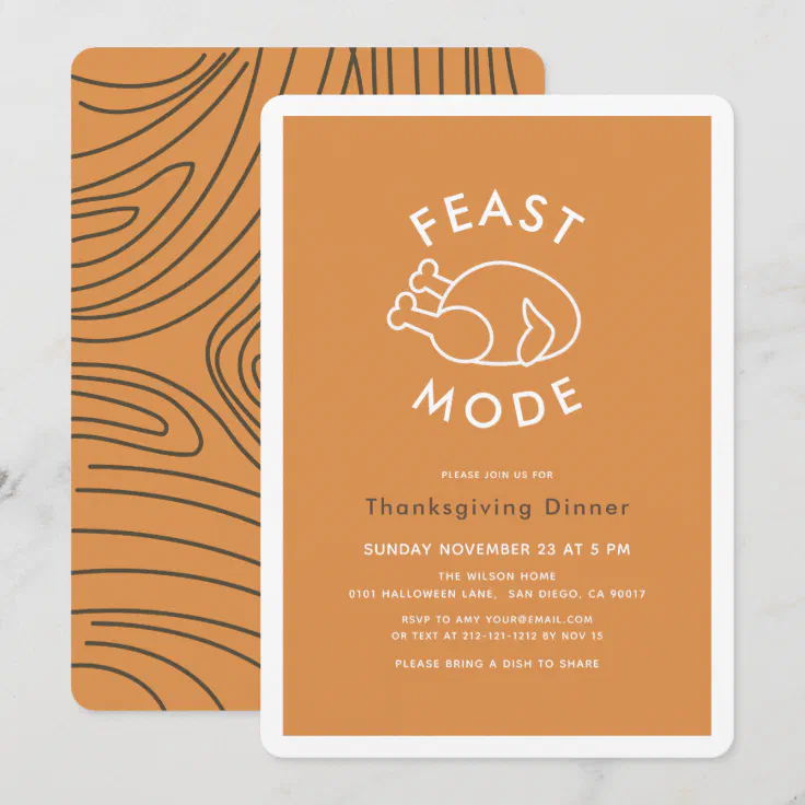 Feast Mode Turkey Orange Thanksgiving Dinner Invitation | Zazzle