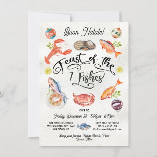Feast of the 7 Fishes Christmas Party Watercolor Invitation | Zazzle