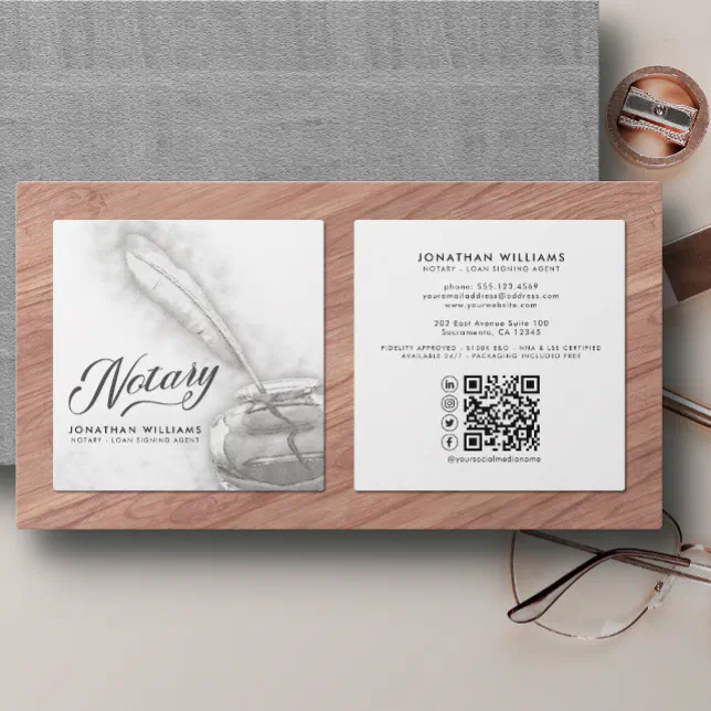 Feather Ink Pen Elegant Notary Public Square Business Card | Zazzle